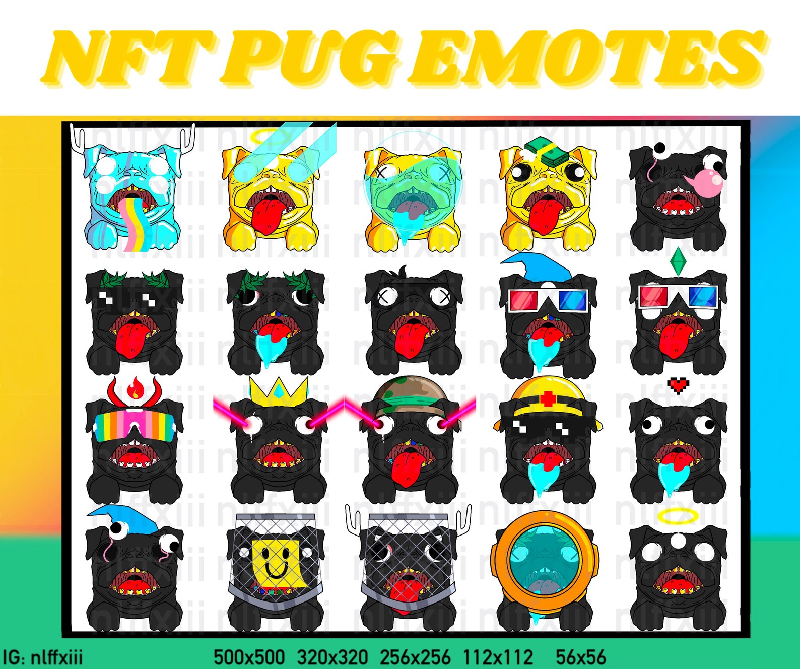 100 NFT Kawaii Style Ugly Pug Emotes 500x500, 320x320, 256x256, 112x112 ...