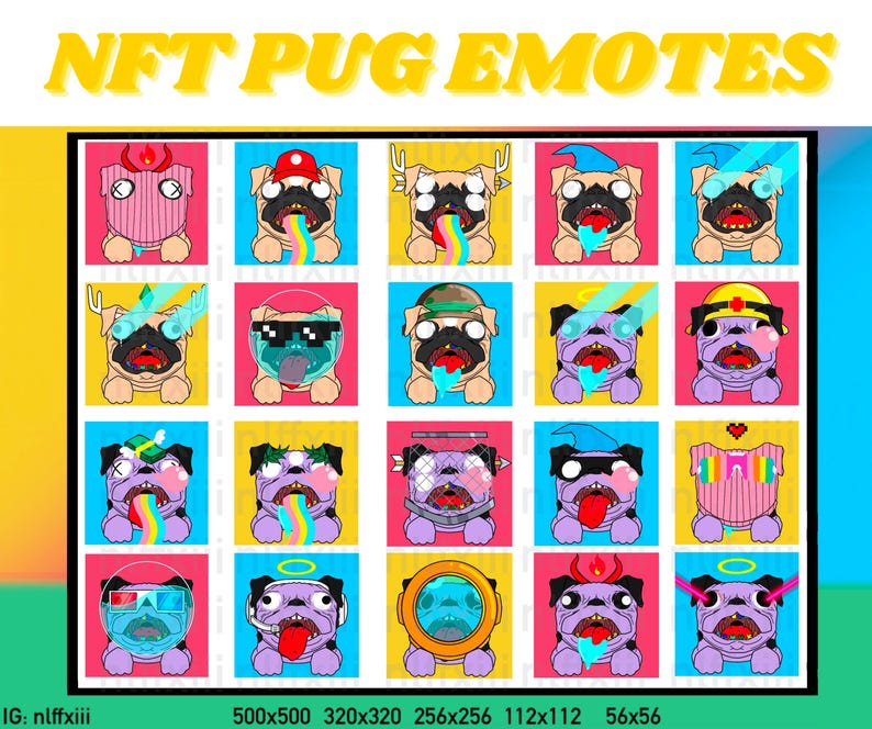NFT Kawaii Style Pug Emotes 500x500, 320x320, 256x256, 112x112 & 56x56 ...