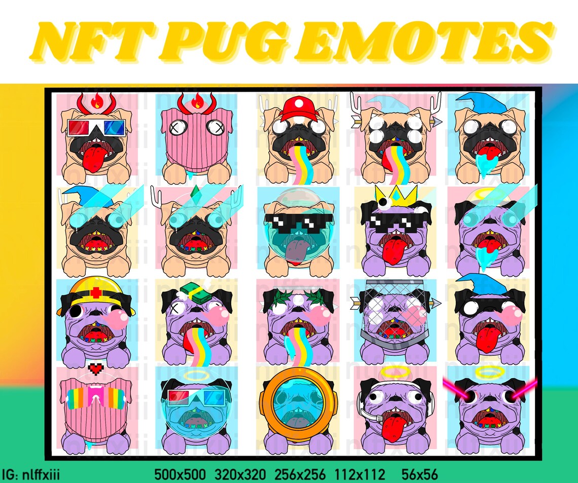 100 NFT Kawaii Style Ugly Pug Emotes 500x500, 320x320, 256x256, 112x112 ...