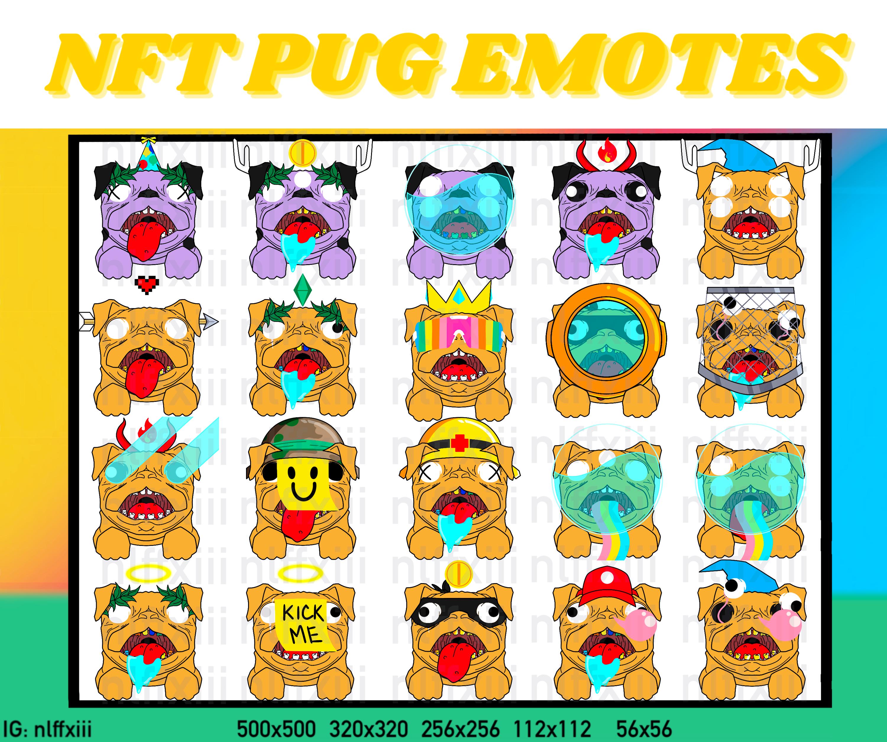 100 NFT Kawaii Style Ugly Pug Emotes 500x500, 320x320, 256x256, 112x112 ...