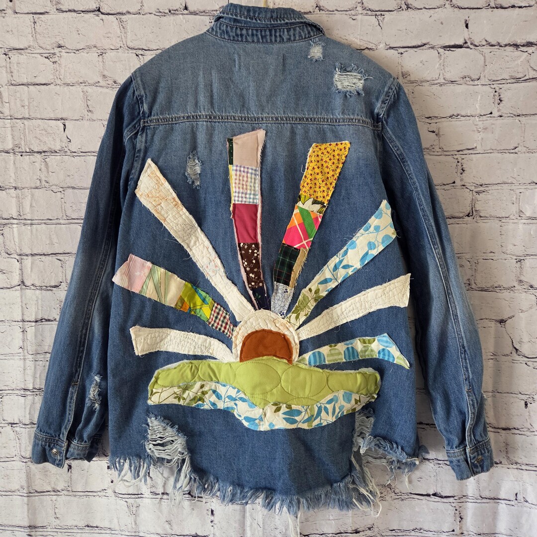 Repurposed Distressed Denim Shirt Jacket: Quilted Sunburst Size Large ...