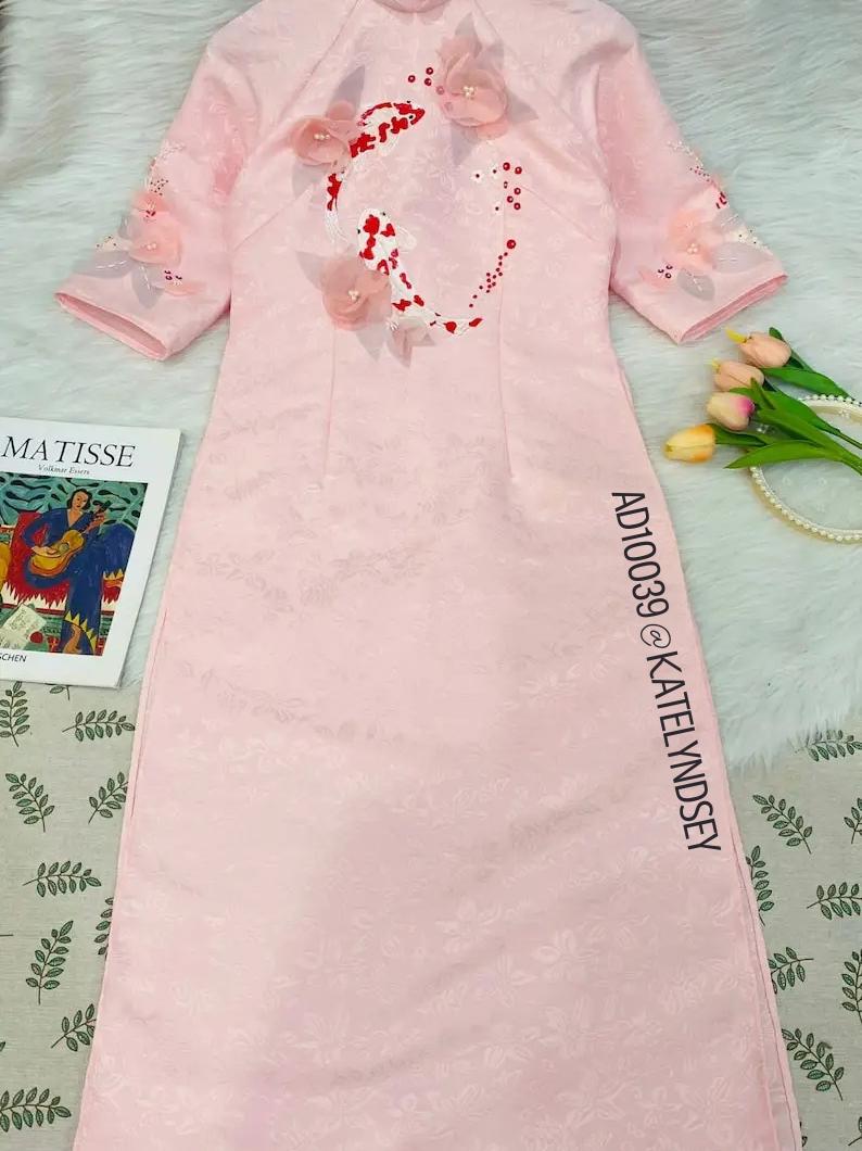 Pre-made Embossed Gam Vietnamese Women Modern Ao Dai Cach Tan Set With ...