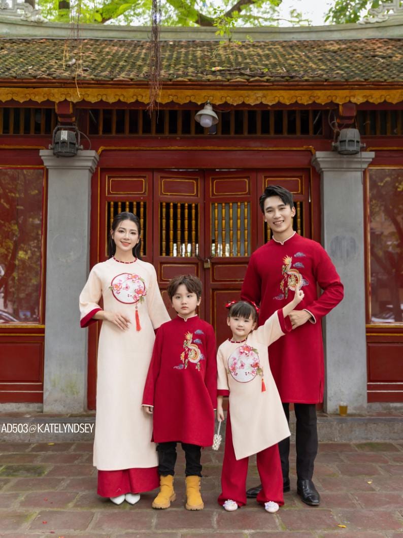 Red & Apricot Rose Tet Family Matching Pre-made Vietnamese Modern Ao ...