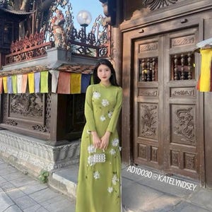 Hydrangea 3D Flowers Pre-made Vietnamese Women Ao Dai Set With Pants ...