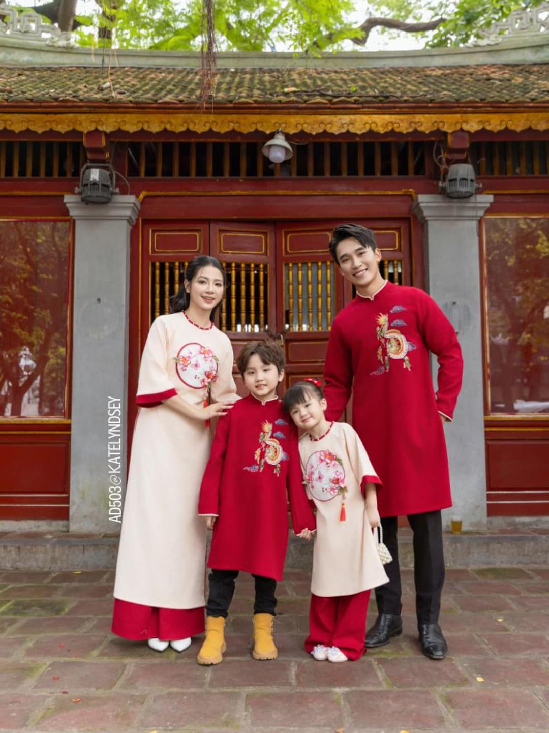 Red & Apricot Rose Tet Family Matching Pre-made Vietnamese Modern Ao Dai Cach Tan Set,cute Ao ...