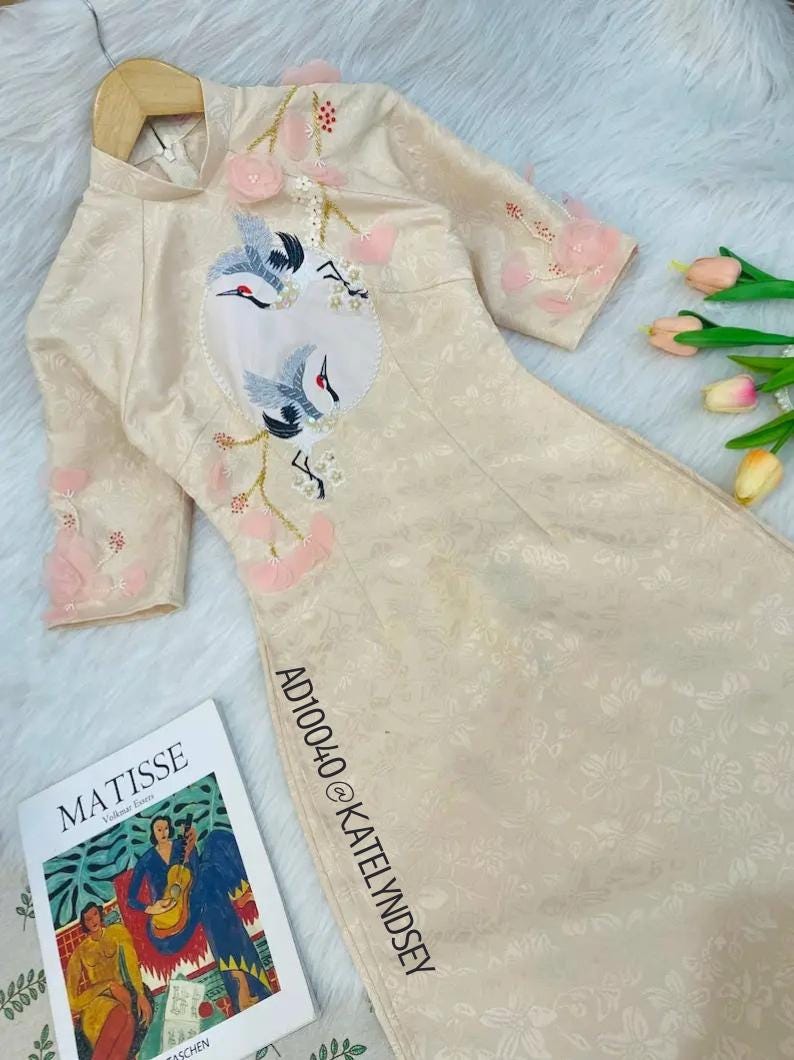 Pre-made Embossed Gam Vietnamese Women Modern Ao Dai Cach Tan Set With ...