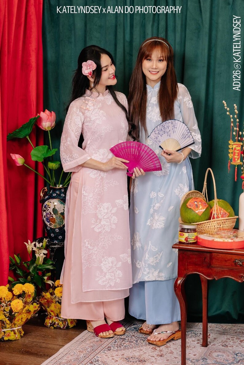 Cute Embroidery Blue/pink Mid Sleeve Pre-made Vietnamese Women Modern ...