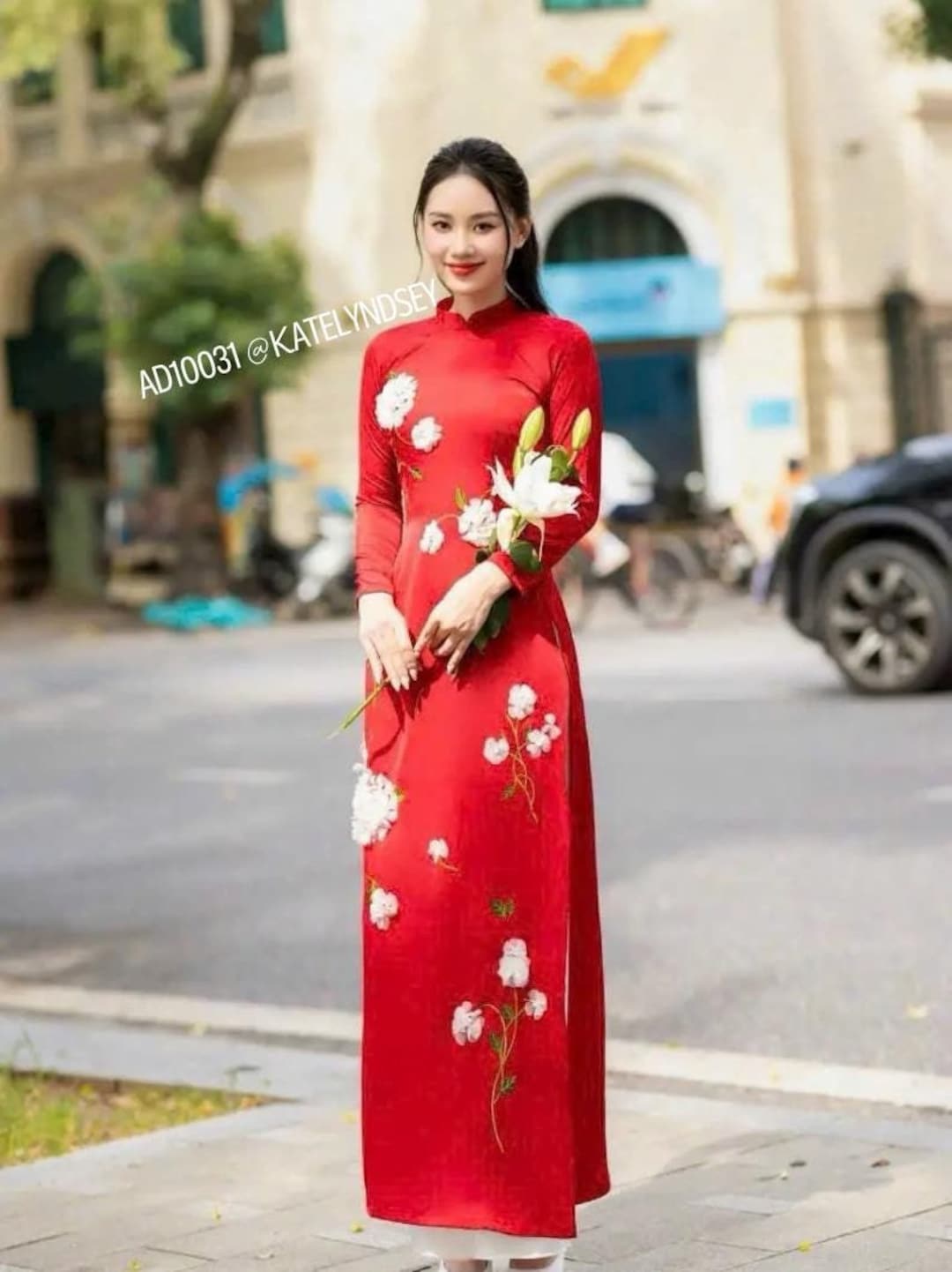 Hydrangea 3D Flowers Pre-made Vietnamese Women Ao Dai Set With Pants ...