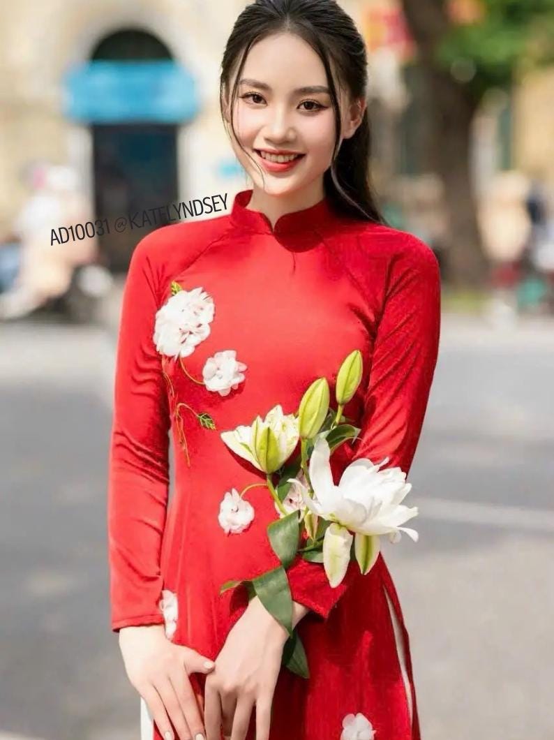 Hydrangea 3D Flowers Pre-made Vietnamese Women Ao Dai Set With Pants ...