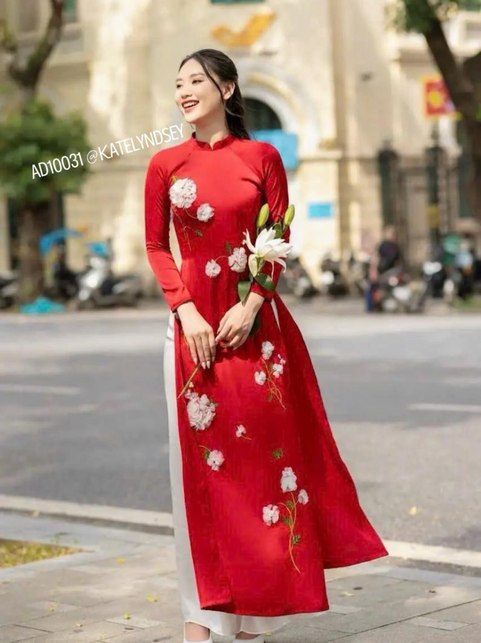 Hydrangea 3D Flowers Pre-made Vietnamese Women Ao Dai Set With Pants ...
