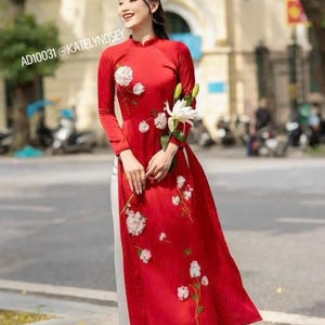 Hydrangea 3D Flowers Pre-made Vietnamese Women Ao Dai Set With Pants ...