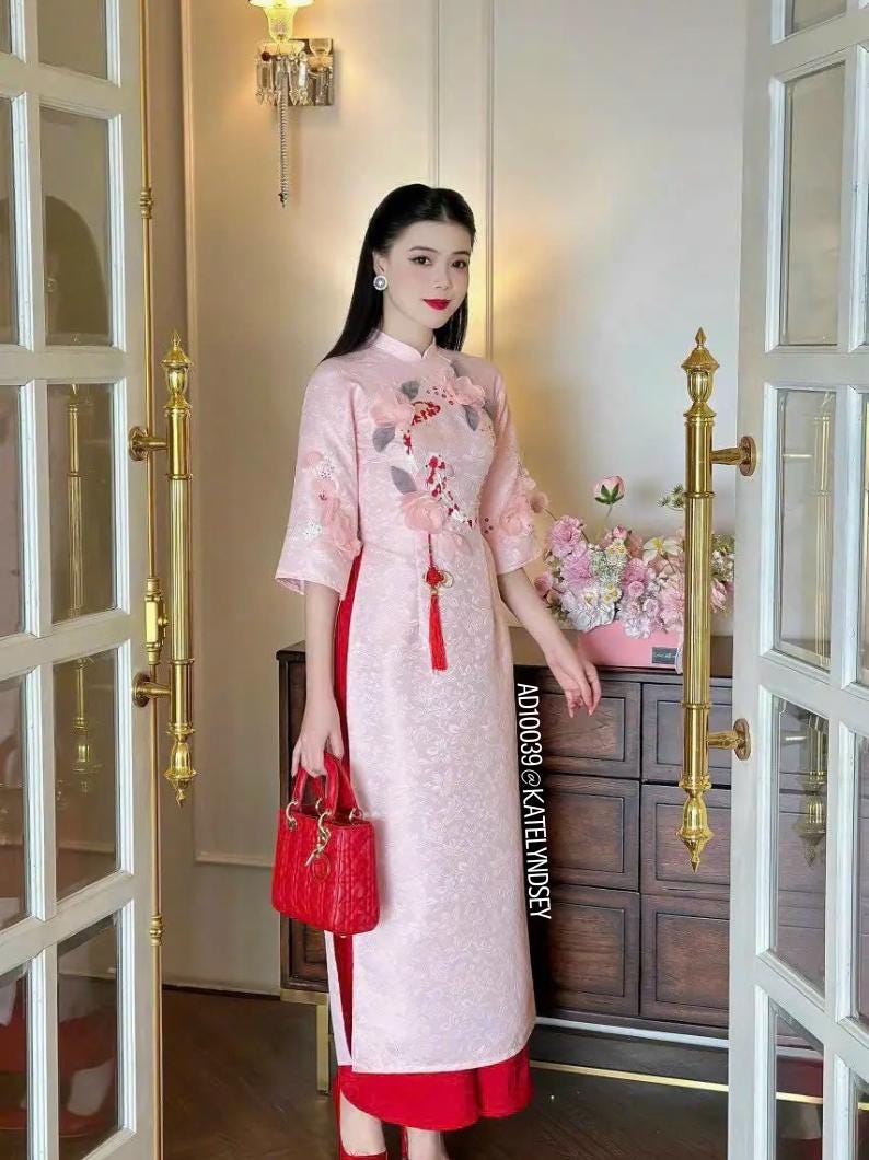 Pre-made Embossed Gam Vietnamese Women Modern Ao Dai Cach Tan Set With ...