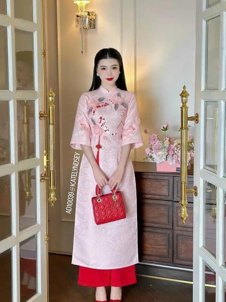 Pre-made Embossed Gam Vietnamese Women Modern Ao Dai Cach Tan Set With ...