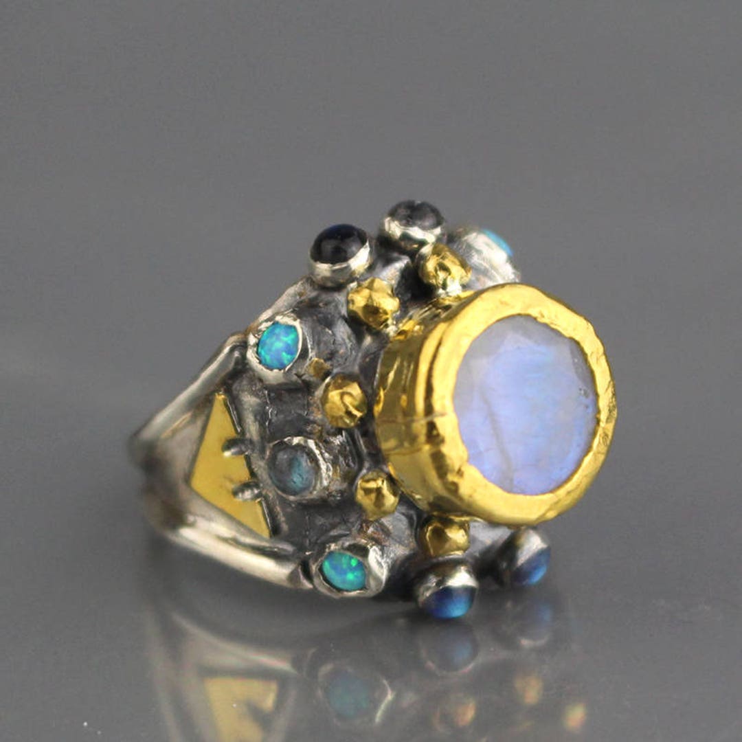 22K Solid Gold Moonstone Ring, Moonstone Statement Ring, Silver Gold ...