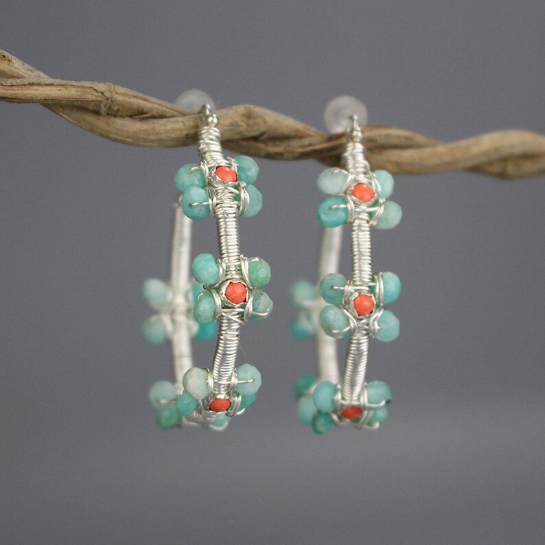 Silver Flower Hoops Spring Jewelry Gemstone Hoop Earrings - Etsy