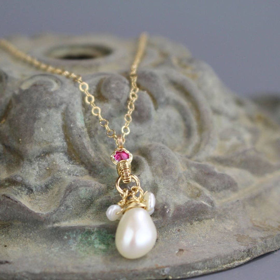 Pink CZ Pearl Drop Necklace, Pink Necklace, Delicate Pearl Necklace ...
