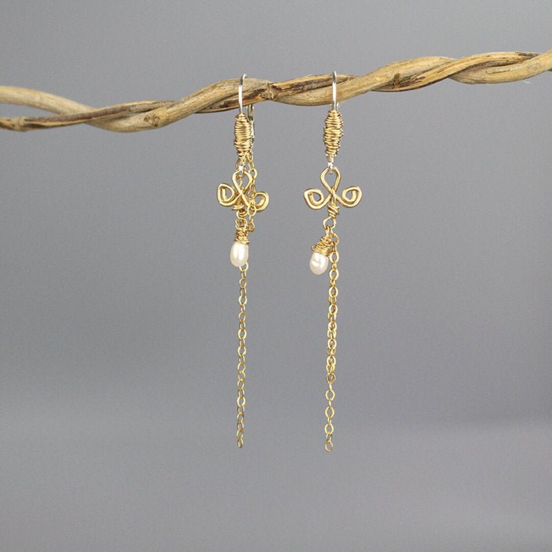 Simple Everyday Gold Filled Dangle Chain Earrings, Minimalist Pearl ...