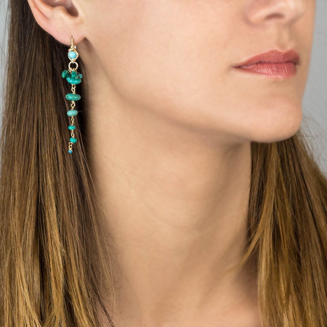 December Birthstone Earrings, Turquoise Gold Filled Long Vine Earrings ...