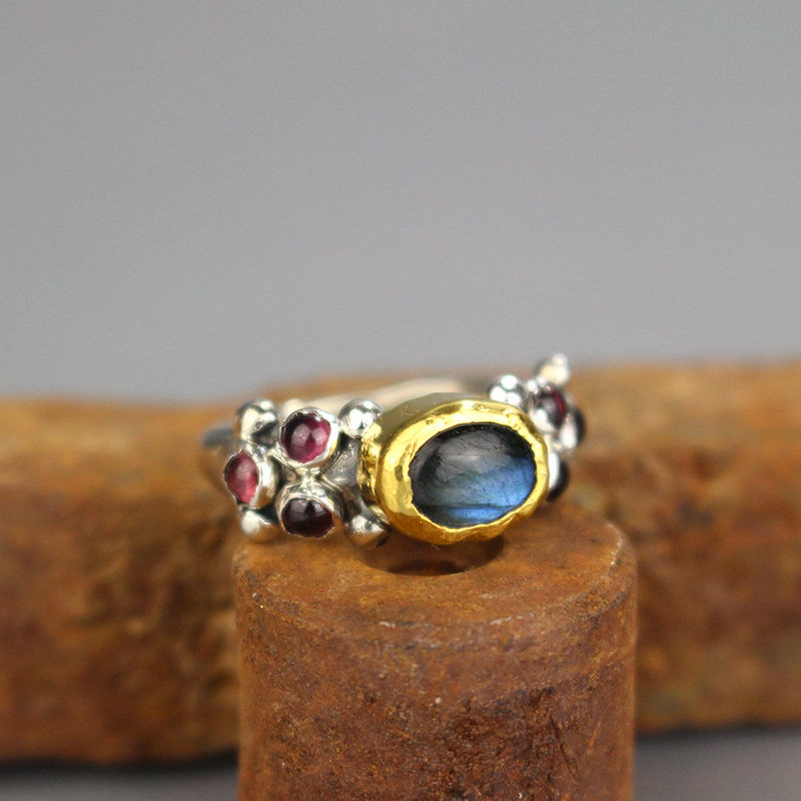 Mixed Metal Solid Gold and Silver Labradorite Garnet | Etsy