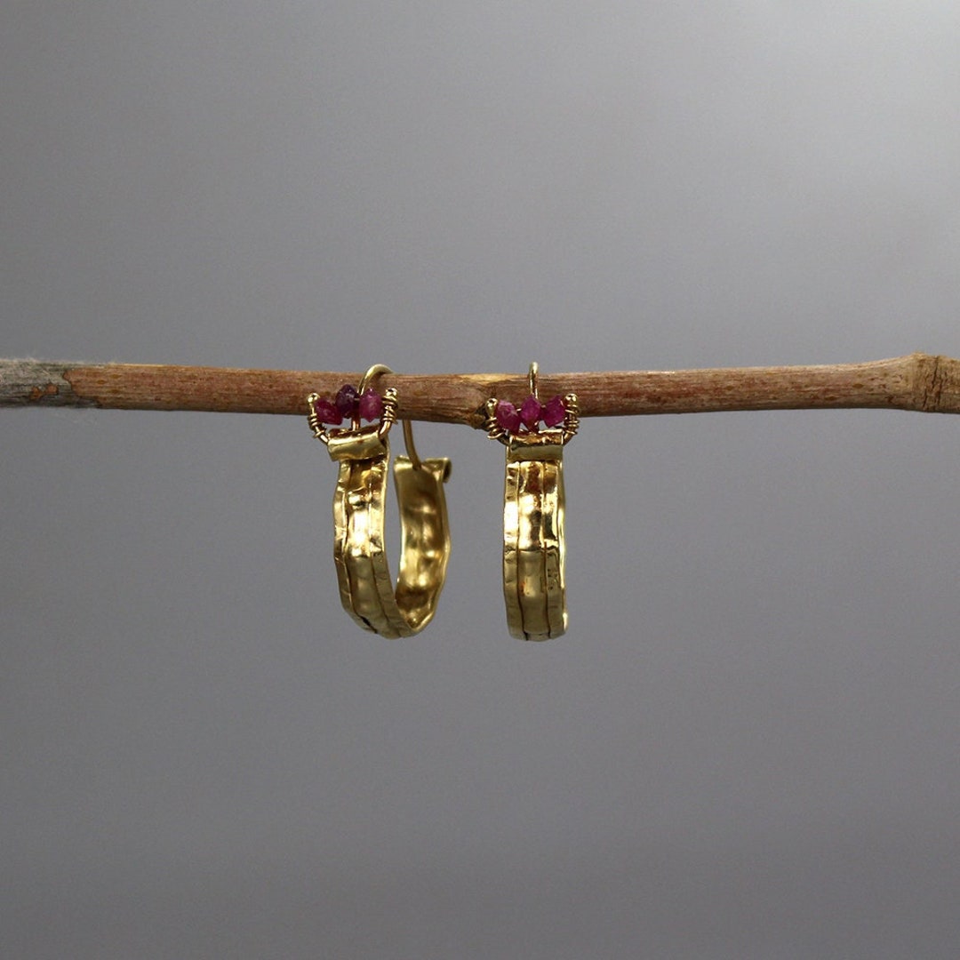 14K Gold Ruby Hoop Earrings, Chunky Hoop Earrings, Gemstone Hoops ...