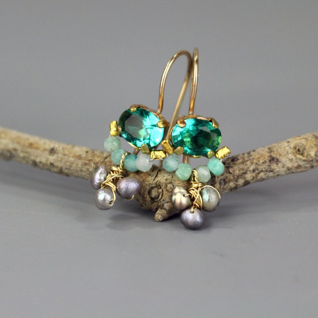 Small Gemstone Earrings, Tiny Green Blue Dangle Earrings, Gift Ideas ...