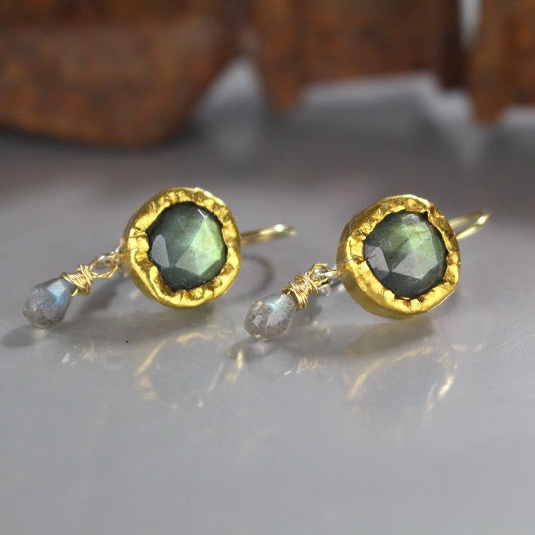 24K Solid Gold Rose Cut Labradorite Drop Earrings Labradorite - Etsy