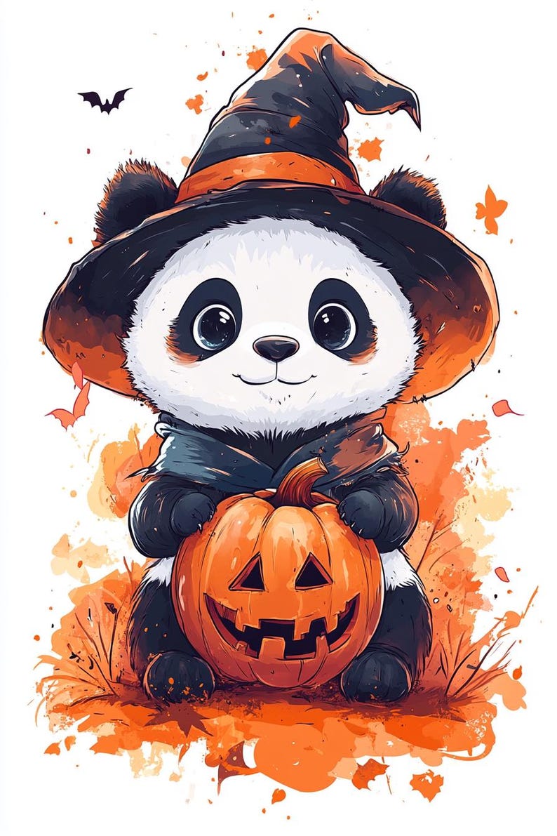 Cute Panda Halloween Clipart, Watercolor Panda Halloween Illustration ...