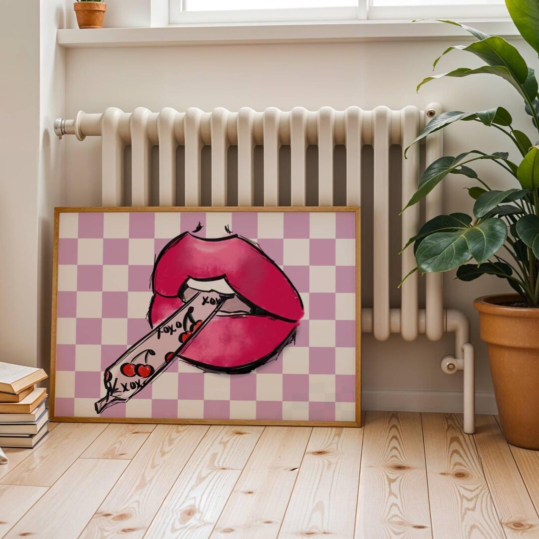 Pop Art Lips Cherry Smoke Print, Pink Checkers (digital Download) - Etsy