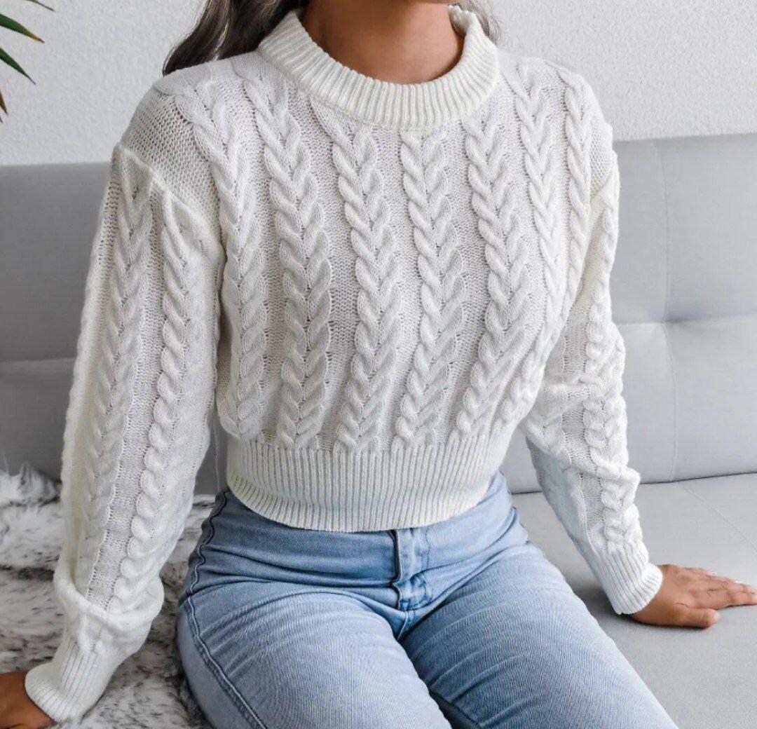 Women's Thick Knit Crop Top Pullover | Crew Neck, Long Sleeves Sweater ...