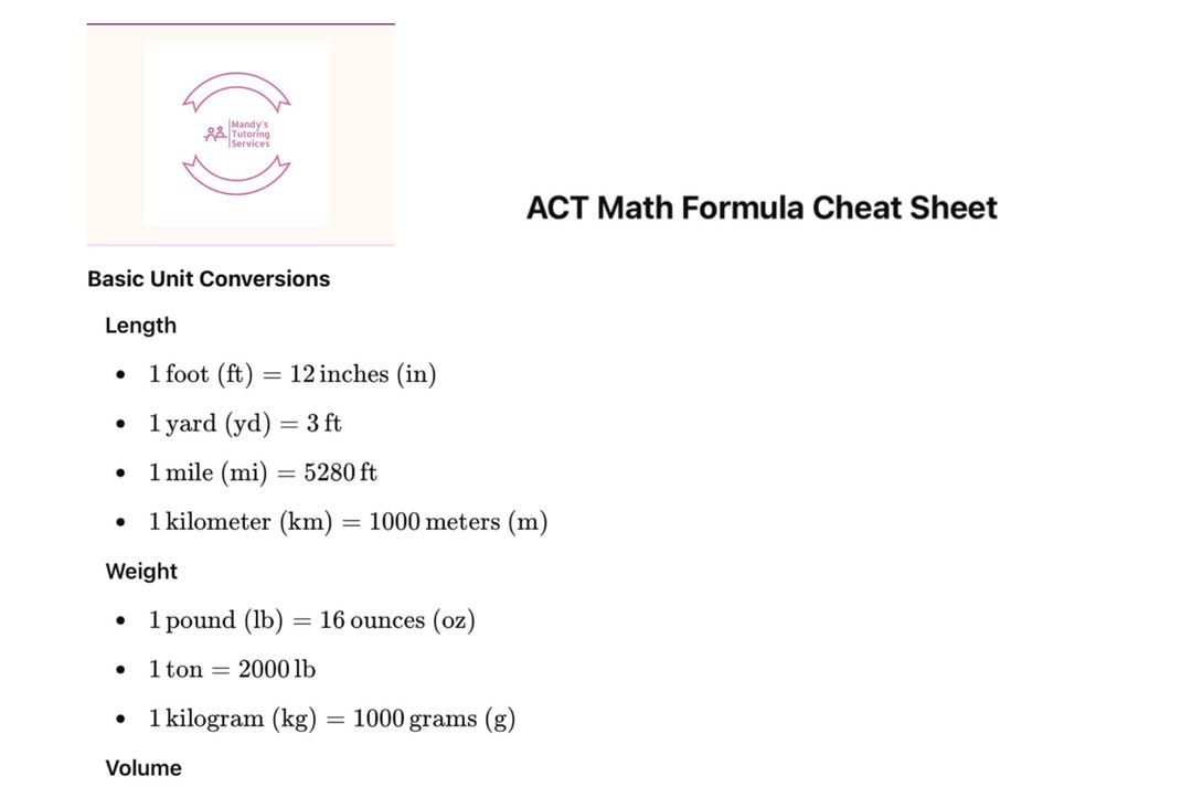 ACT Test Math Study Guide - Etsy