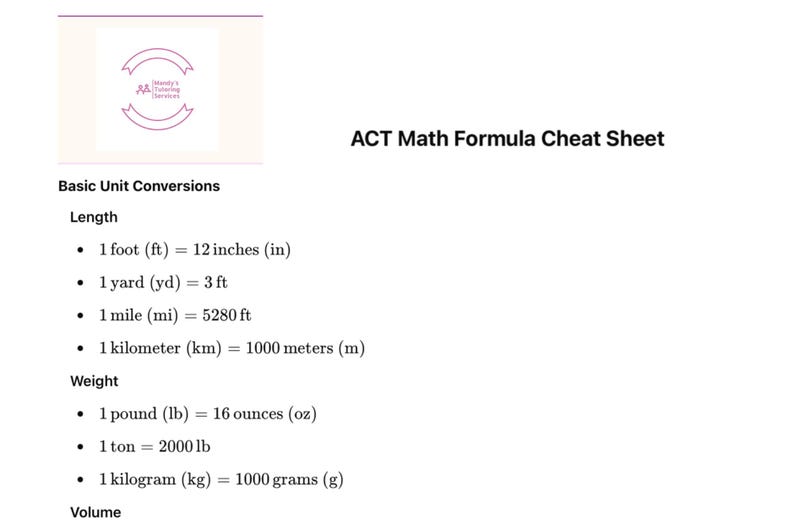 ACT Test Math Study Guide - Etsy