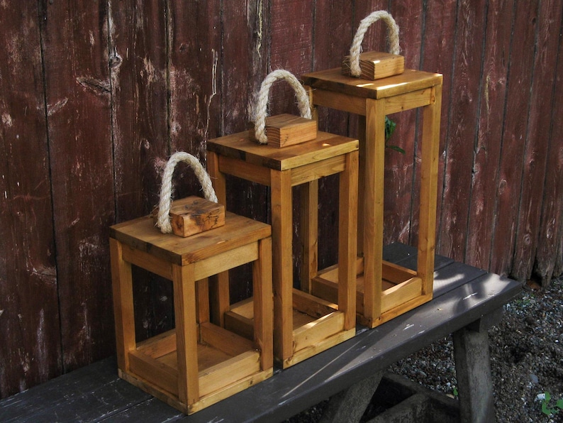 Rustic Wooden Lantern Set – Handmade Lanterns With Rope Handles (set of ...