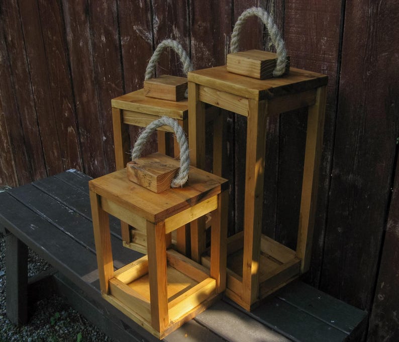 Rustic Wooden Lantern Set – Handmade Lanterns With Rope Handles (set of ...