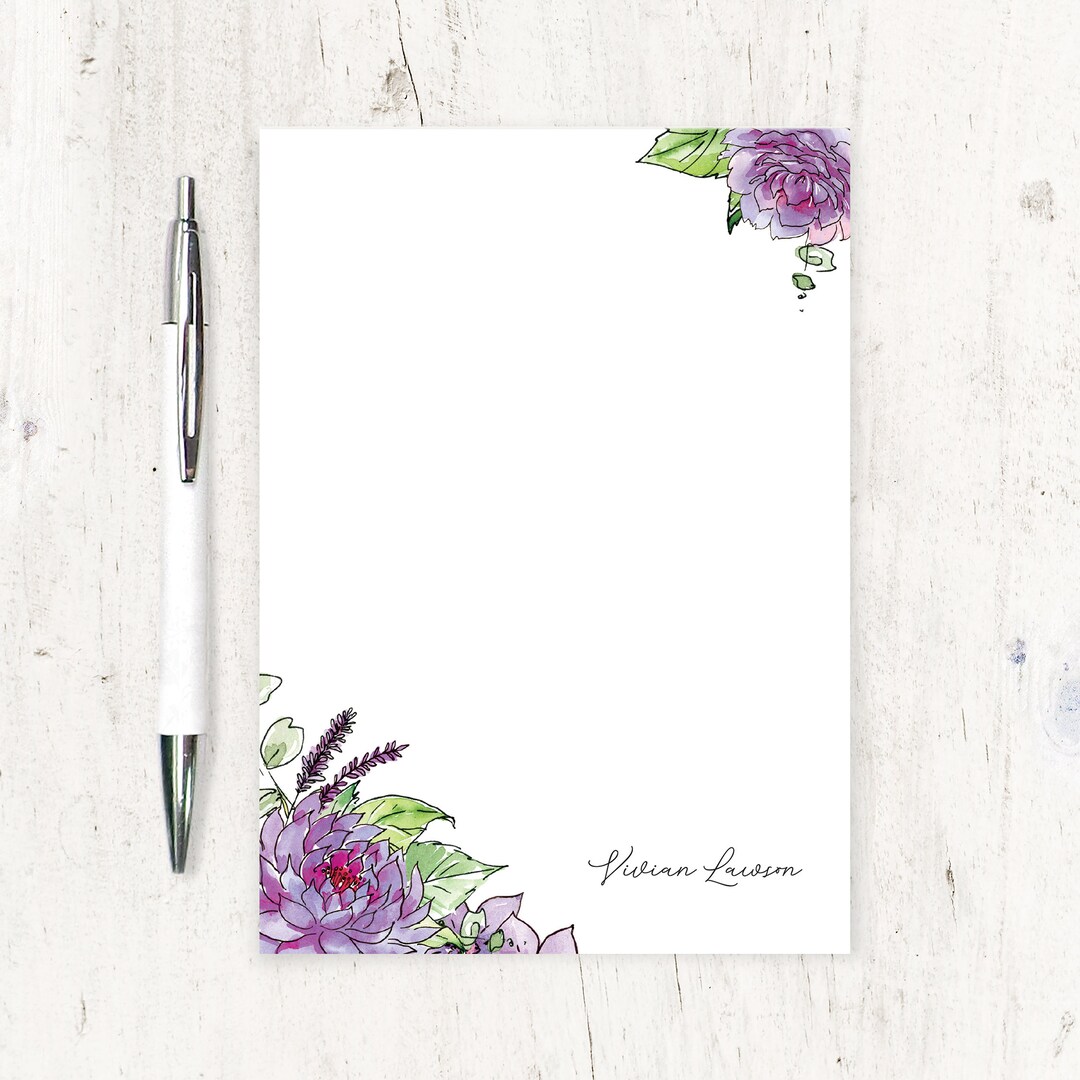 Personalized Notepad - VIVIAN'S PURPLE GARDEN Watercolor Flowers ...