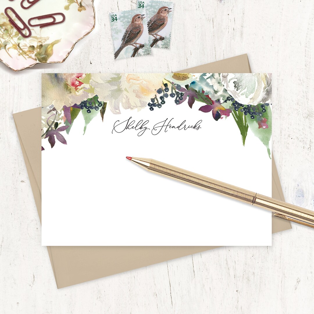 Personalized Note Card Set - WINTER WHITE WATERCOLOR Flowers - Pretty ...