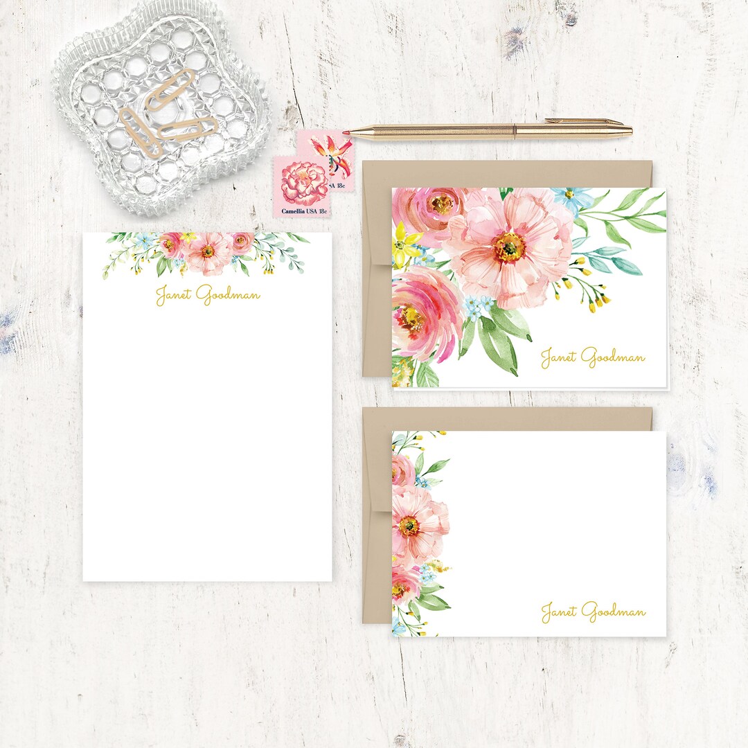 Complete Personalized Stationery Set - PASTEL WATERCOLOR FLOWERS ...