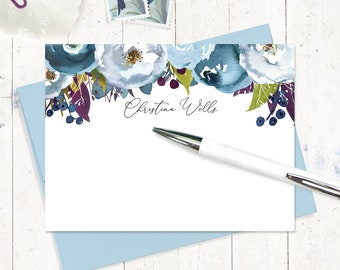 Personalized Flat Note Cards BLUE HYDRANGEA Floral - Etsy