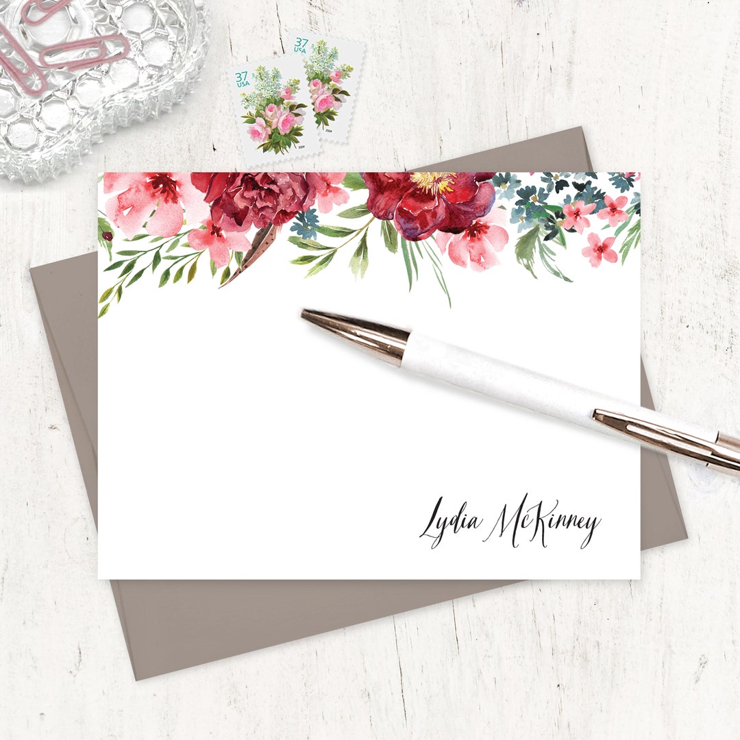 Personalized Note Card Set - LYDIA'S GARDEN Watercolor Flowers ...