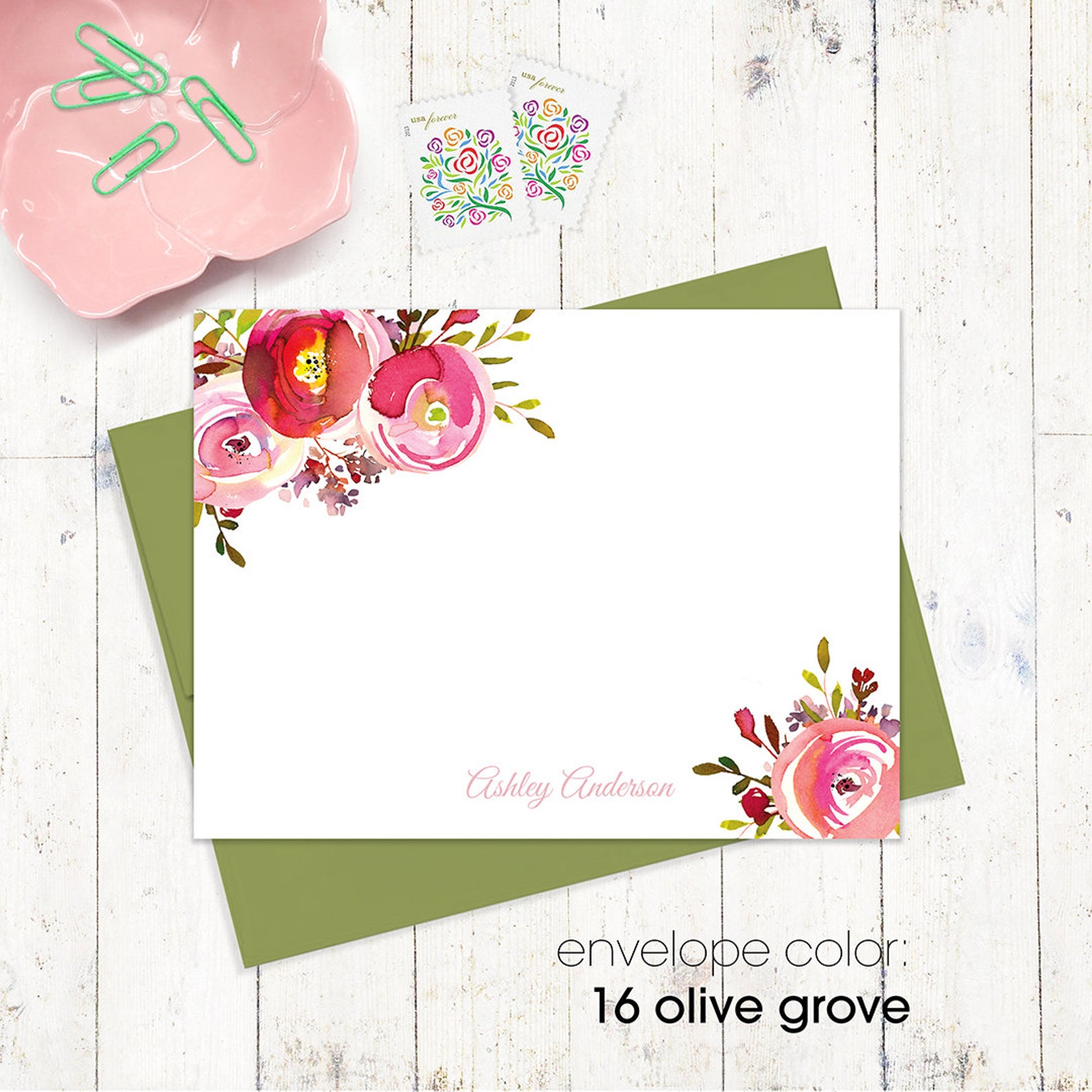 Personalized Note Card Set PINK PEONIES WATERCOLOR Flowers | Etsy