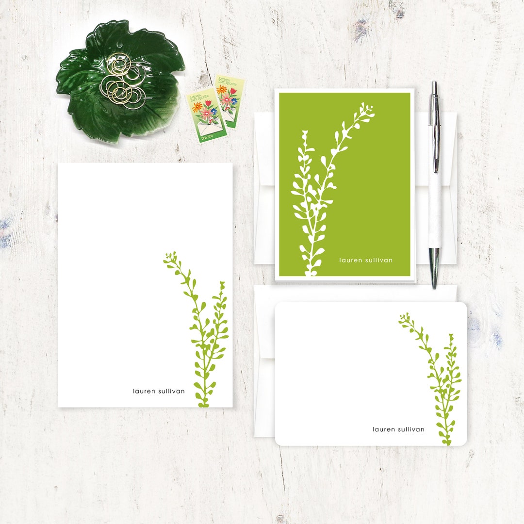 Personalized Stationery Set - BOTANICAL LEAFY STEM - Note Card and ...