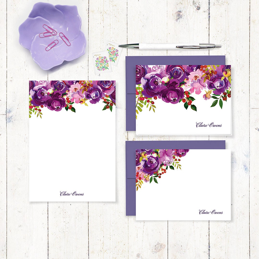 Complete Personalized Stationery Set PURPLE PEONIES - Etsy
