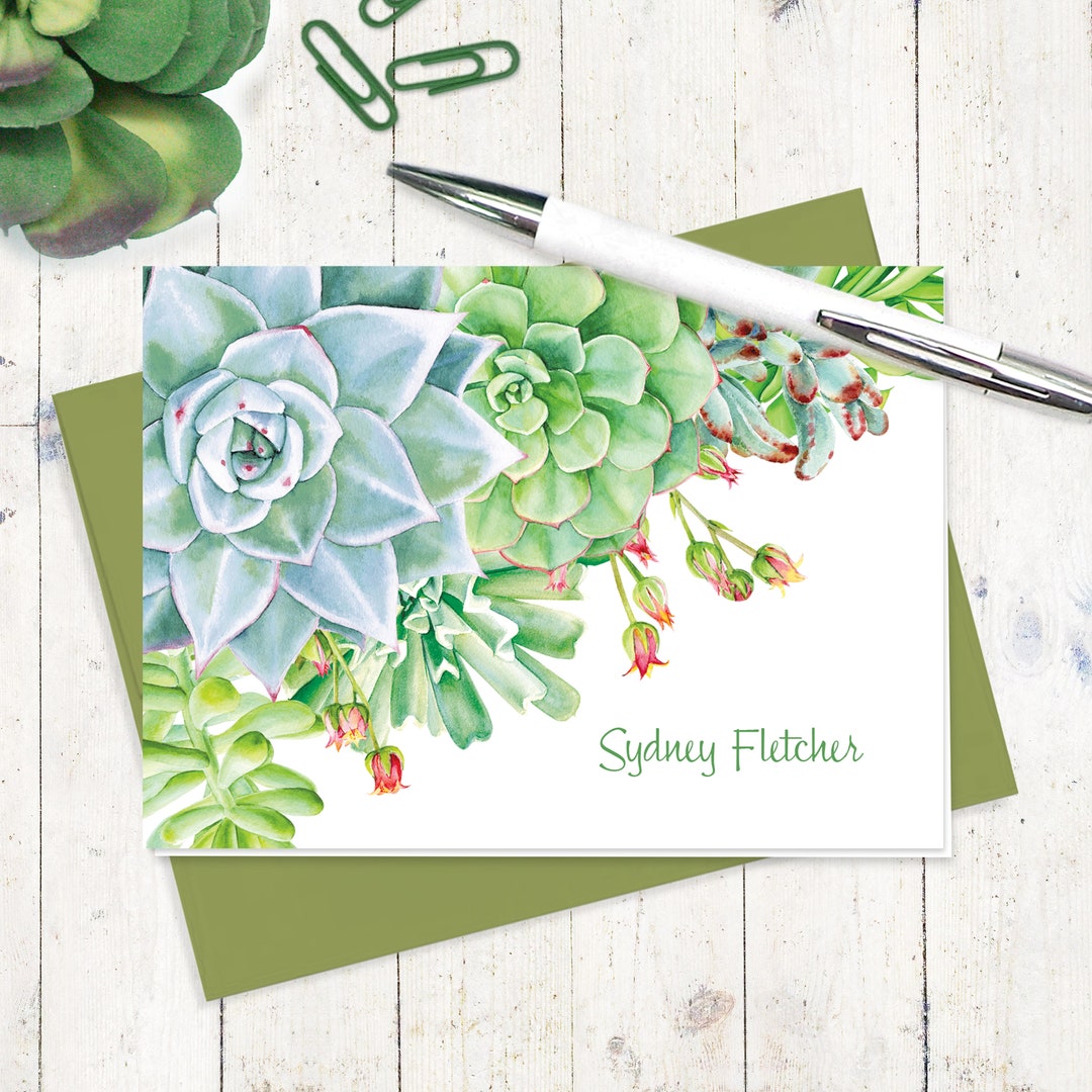 Personalized Stationery Set SUCCULENT GARDEN WATERCOLOR Flowers Floral ...