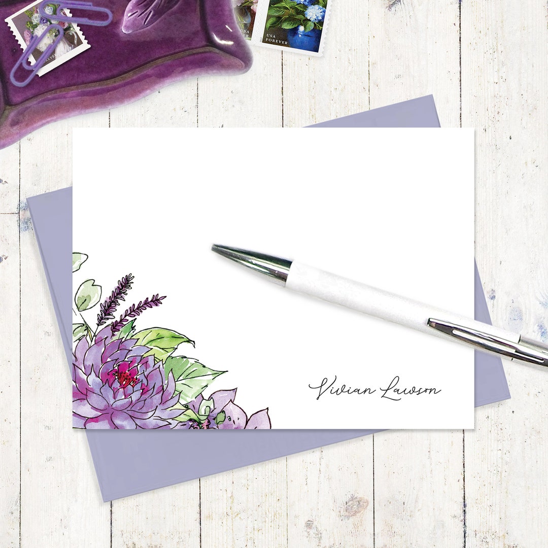 Personalized Note Card Set VIVIAN'S PURPLE GARDEN Watercolor Flowers ...