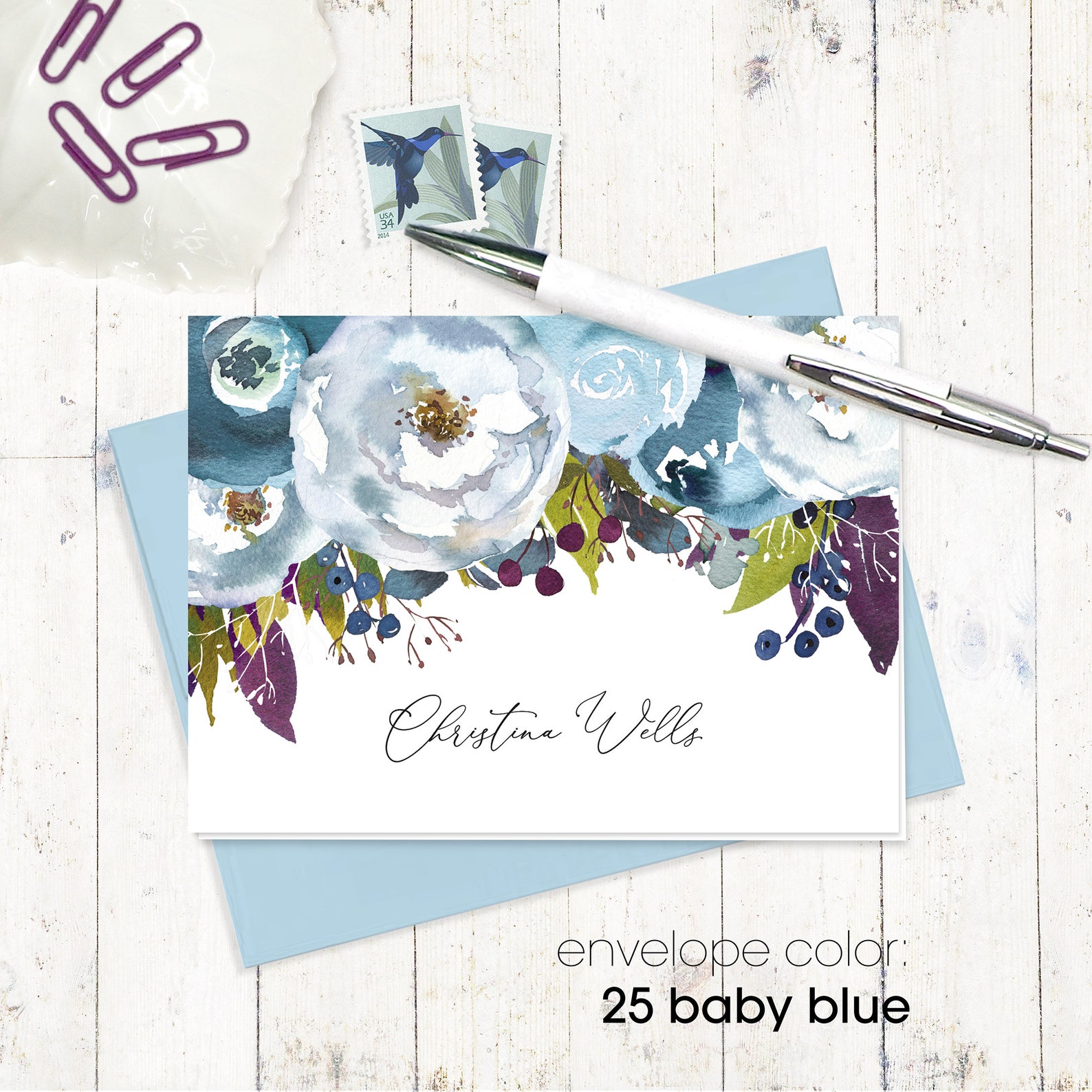 Personalized Stationery Set BLUE and AUBERGINE WATERCOLOR - Etsy