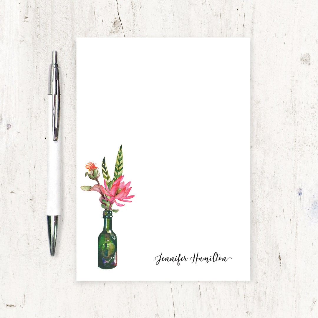 Personalized Notepad - Watercolor Flowers in GREEN WINE BOTTLE - Floral ...