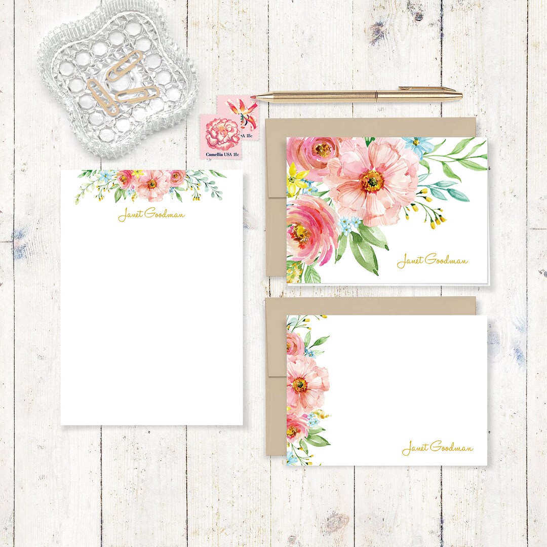 Complete Personalized Stationery Set PASTEL WATERCOLOR FLOWERS Womens ...