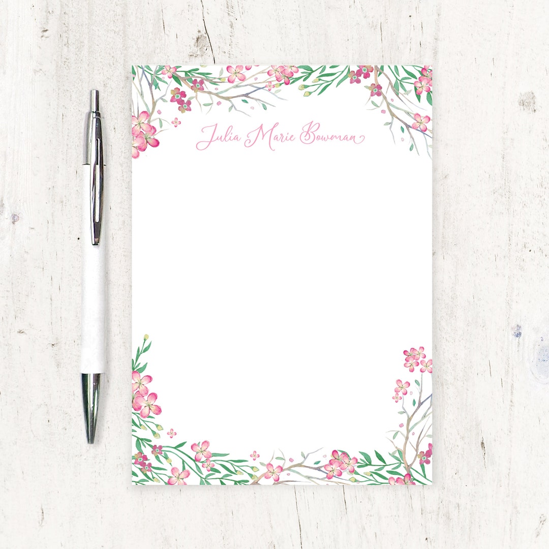 Personalized Notepad - PINK FLOWER FIELDS - Watercolor Stationary ...
