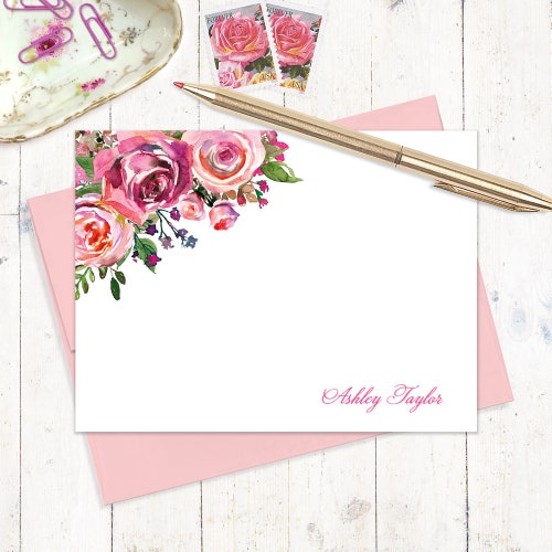Personalized Note Card Set PINK PEONIES WATERCOLOR Flowers | Etsy