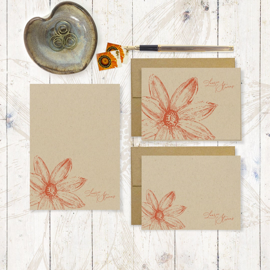 Complete Personalized Stationery Set DAISY FLOWER BLOOM on Kraft Nature ...