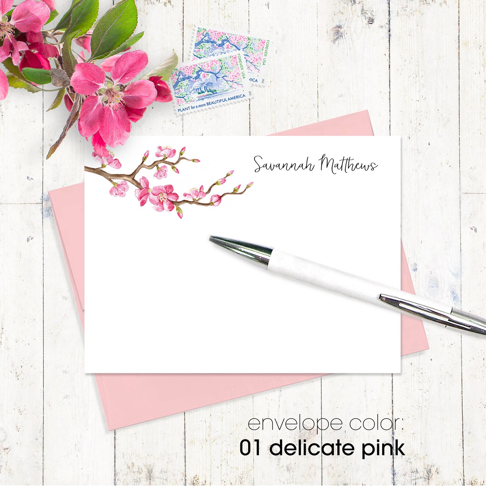 Personalized note card set CHERRY BLOSSOM WATERCOLOR flower | Etsy